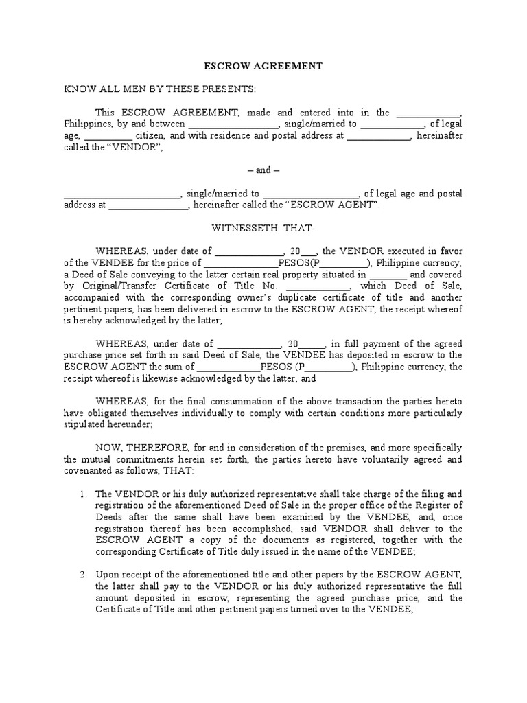 Escrow Agreement | PDF | Deed | Receipt
