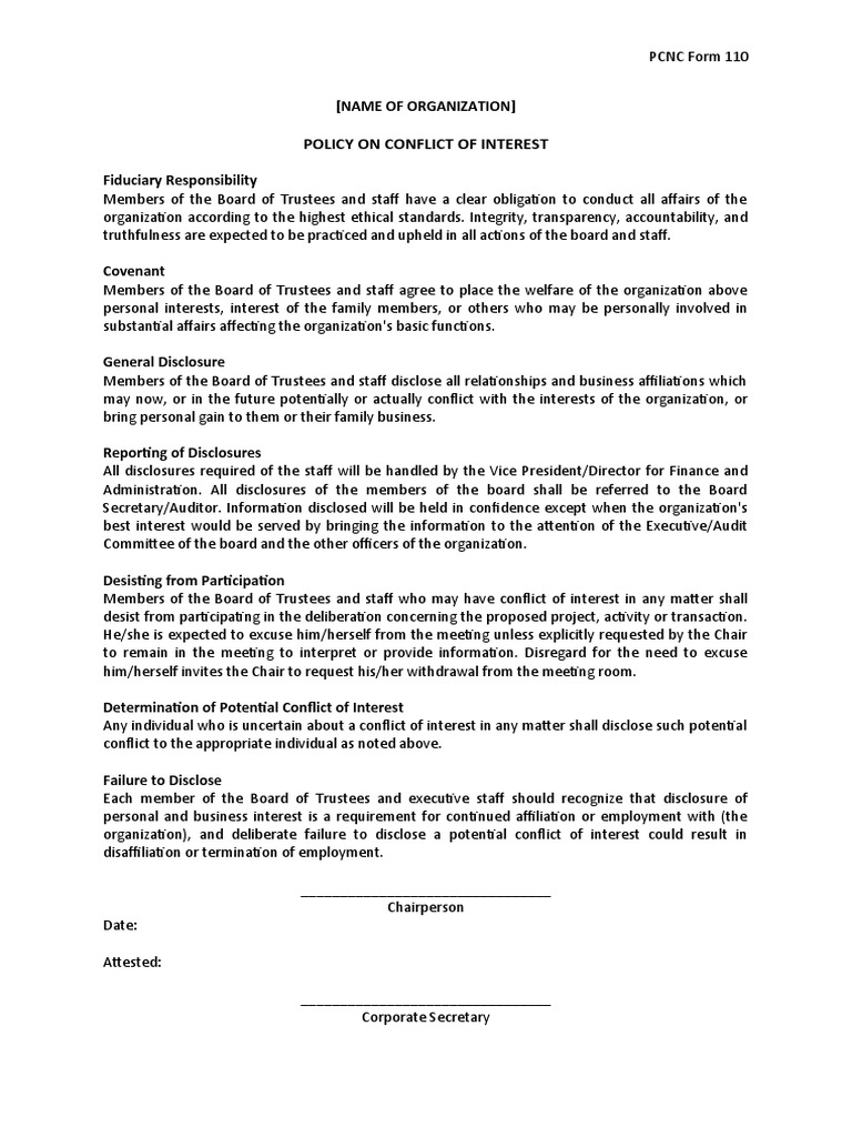 Form 110 - Sample Conflict of Interest Policy | PDF | Conflict Of ...