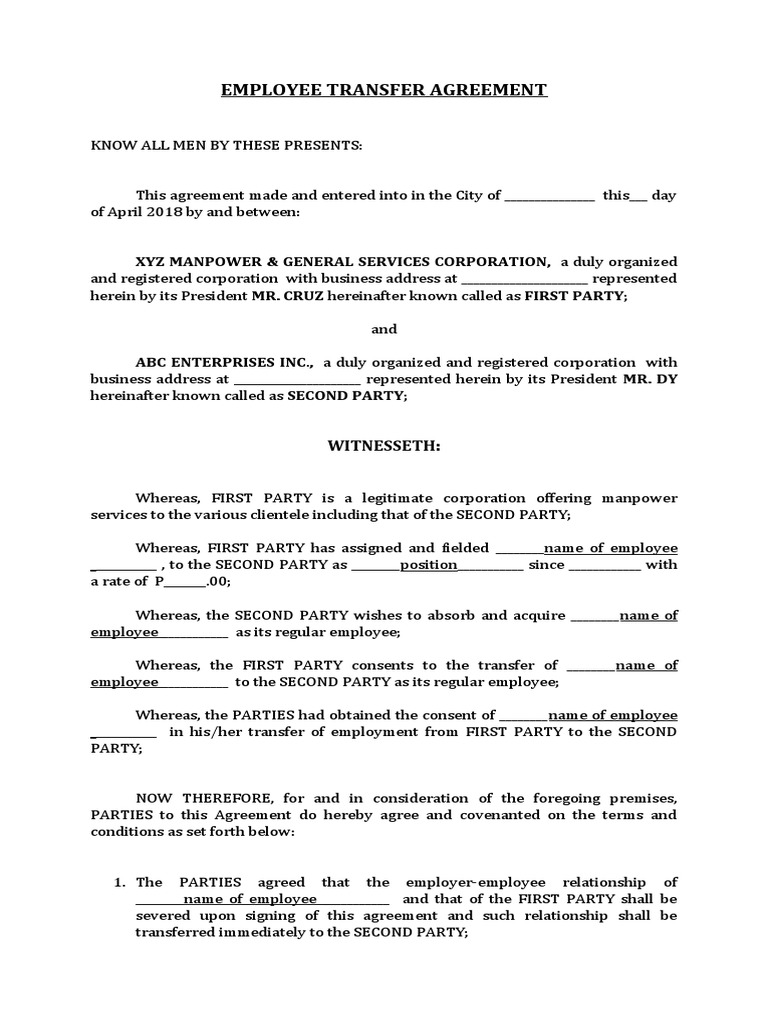 Employee Transfer Agreement | Download Free PDF | Employment | Private Law