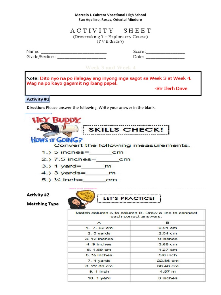 Activity Sheets Grade 7 (Week 3 and 4) | PDF
