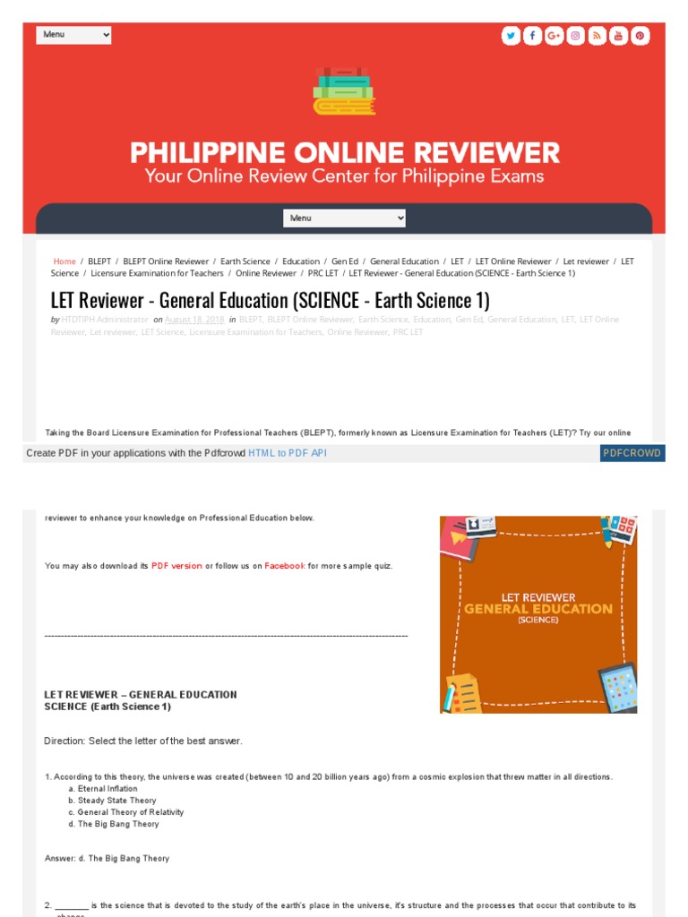 LET Reviewer - General Education (SCIENCE - Earth Science 1) | PDF ...