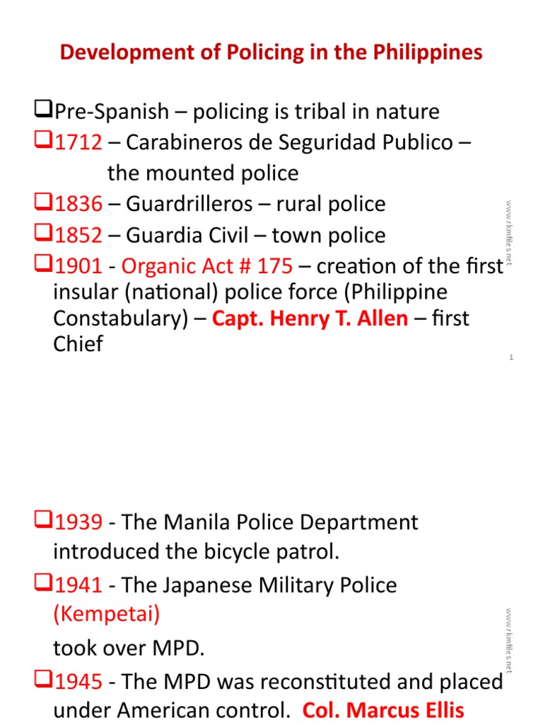 Development of Policing in The Philippines: 1712 1836 1852 1901 Organic ...