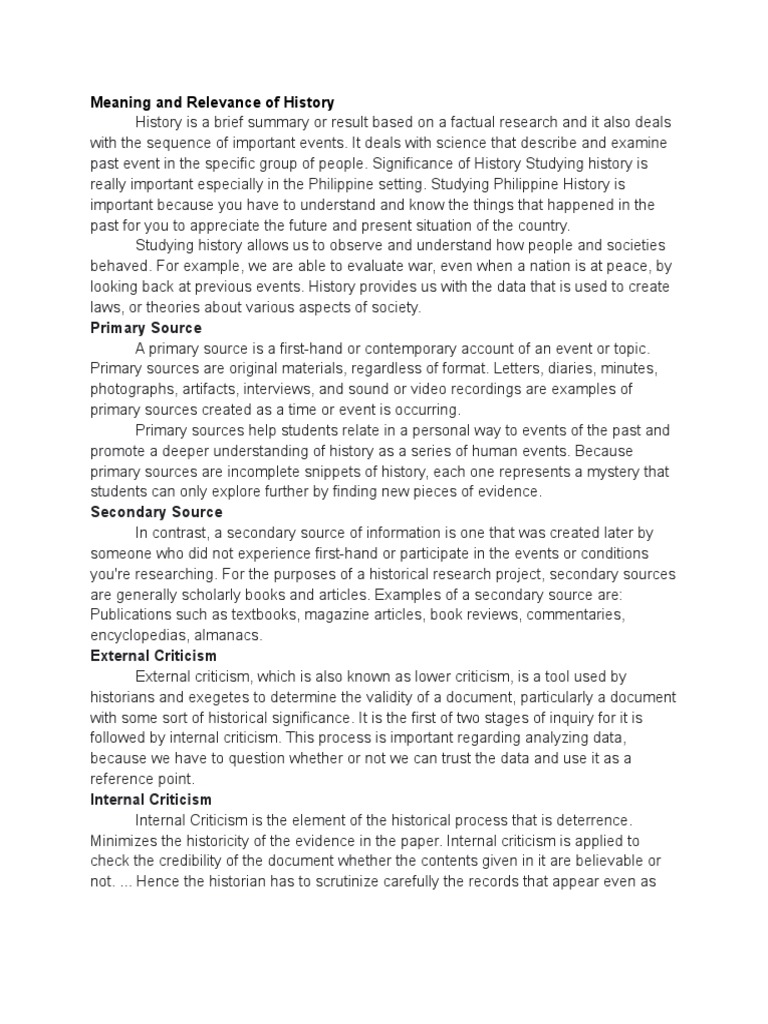 Meaning and Relevance of History: Primary Source | PDF | Primary ...
