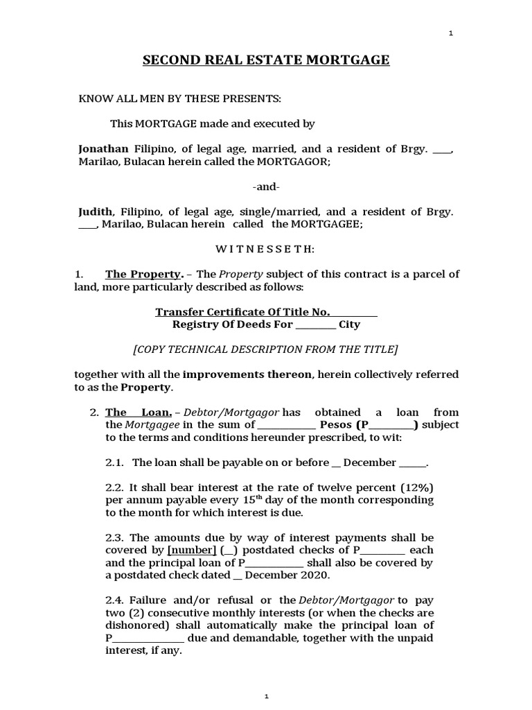 SECOND REAL ESTATE MORTGAGE Sample | PDF | Mortgage Law | Foreclosure
