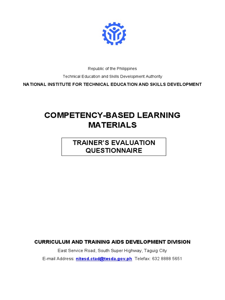 Competency-Based Learning Materials: Trainer'S Evaluation Questionnaire ...