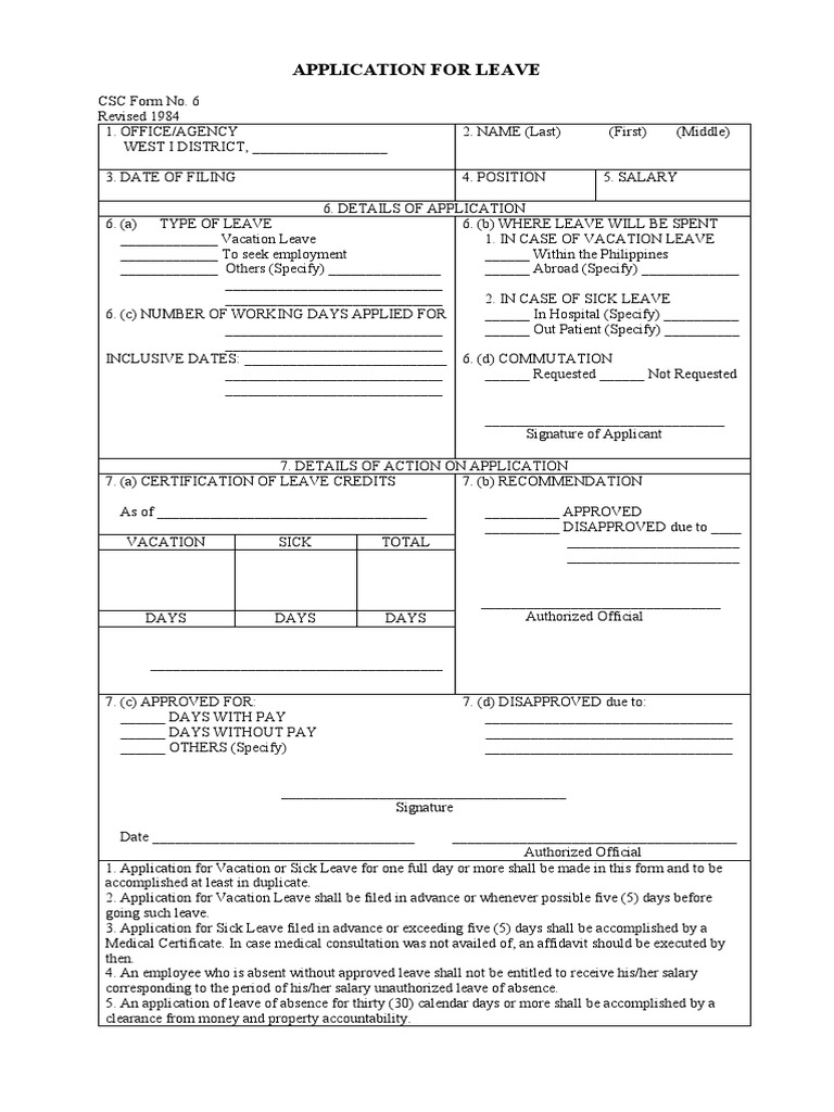 Application For Leave (Form 6) | PDF | Sick Leave | Labor