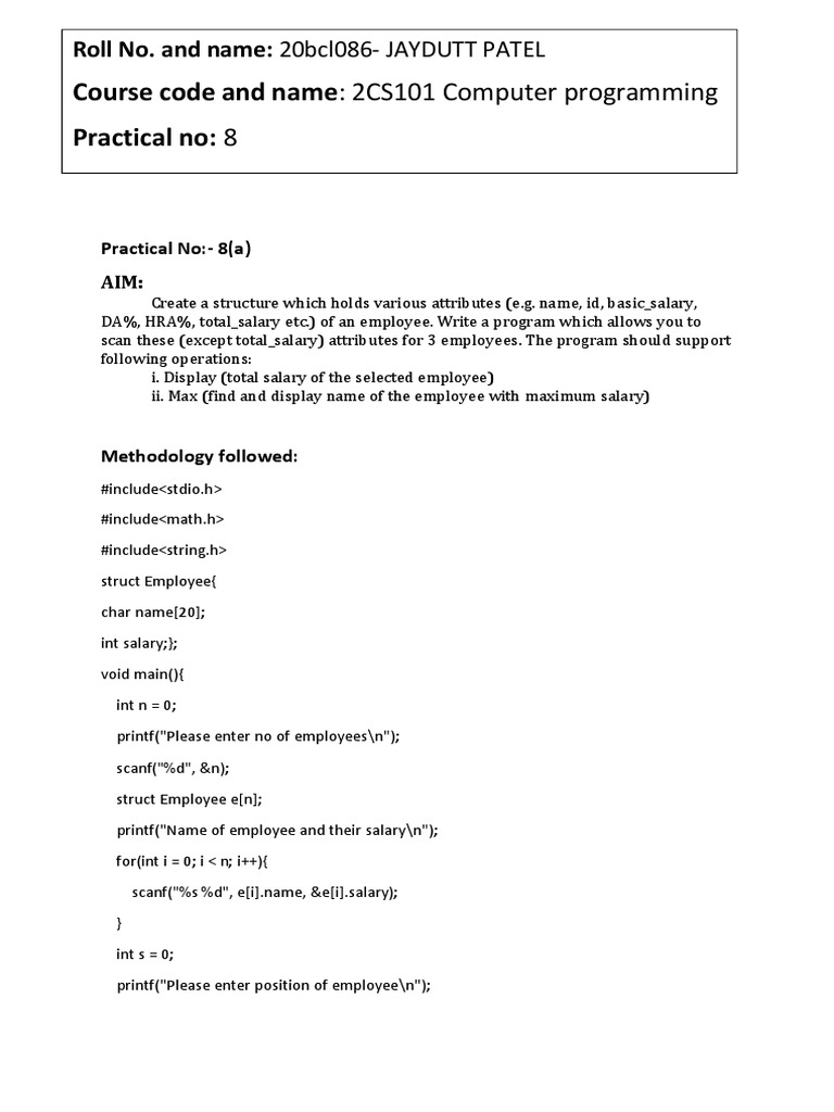 Course Code and Name: 2CS101 Computer Programming Practical No: 8 | PDF | Software Development ...