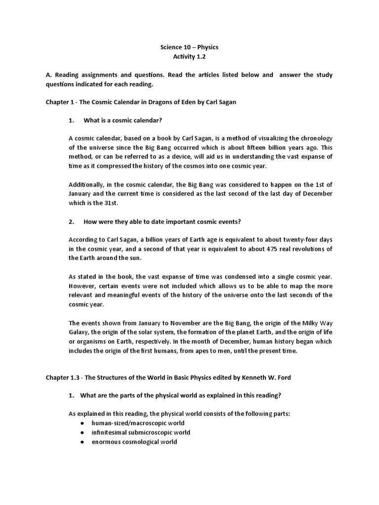 Science 10 - Physics Activity 1.2 | PDF | Universe | Physics