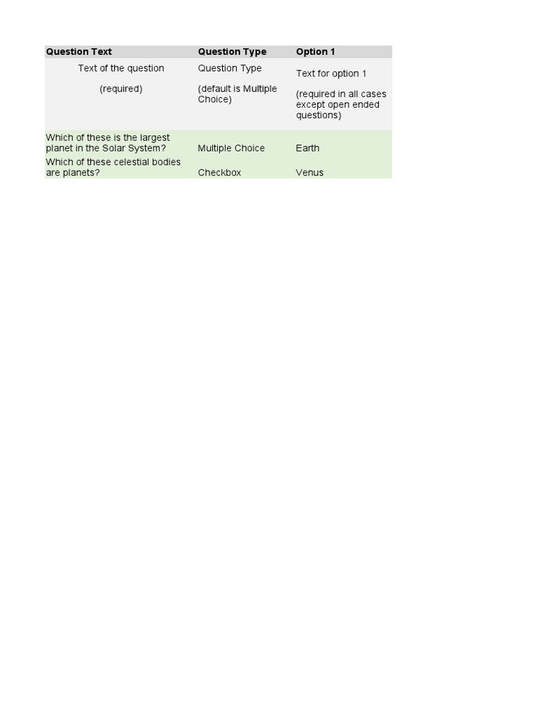 Quizizz Sample Spreadsheet | PDF