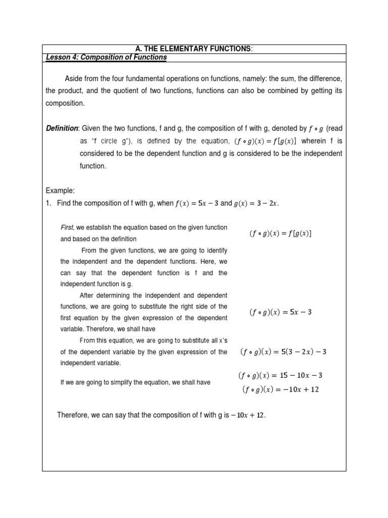 Lesson 4 COMPOSITION OF FUNCTIONS | PDF | Function (Mathematics ...