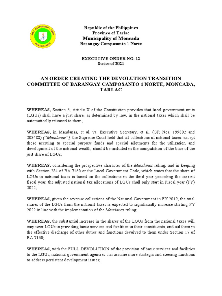 EO Devolution Transition Committee | PDF | Taxes | Government