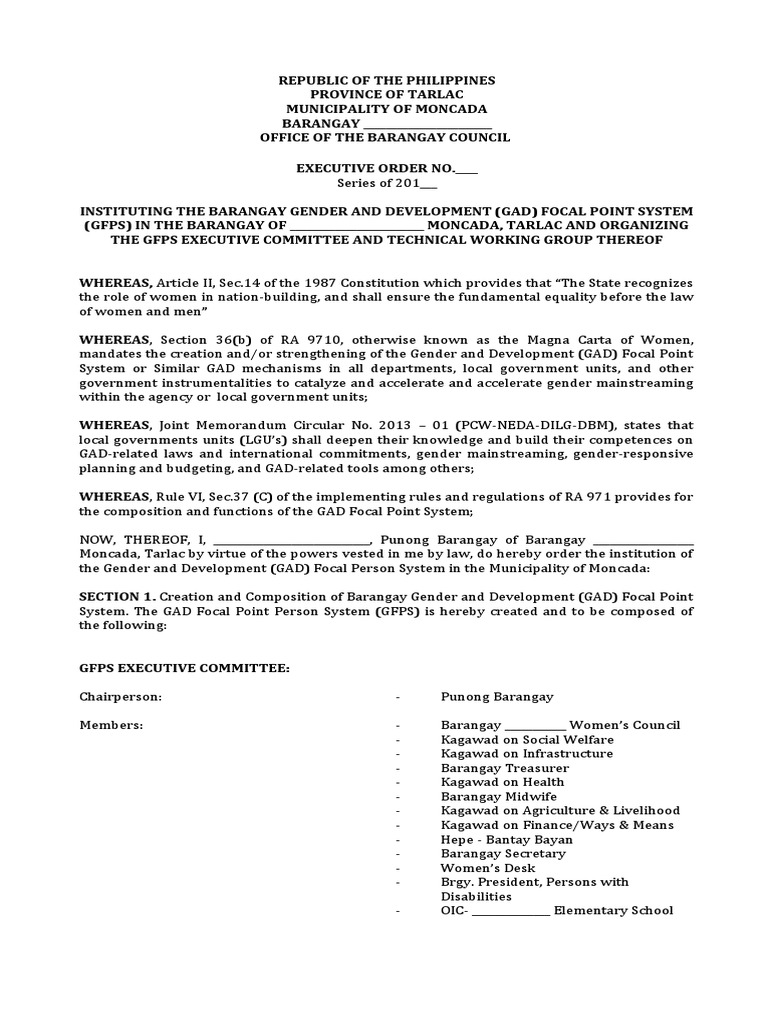 SGLGB Executive Order GAD GFPs GAD Article 1 | PDF | Gender Studies ...