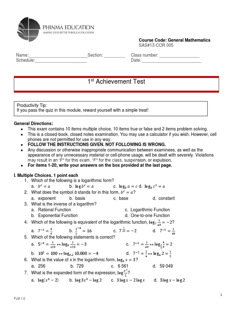 Gen Math (Sas 13) | PDF | Logarithm | Test (Assessment)