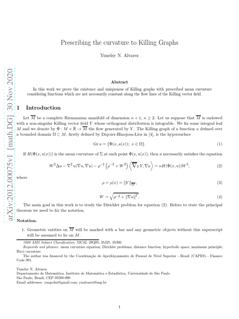 Prescribing The Curvature To Killing Graphs: Yunelsy N. Alvarez | PDF ...