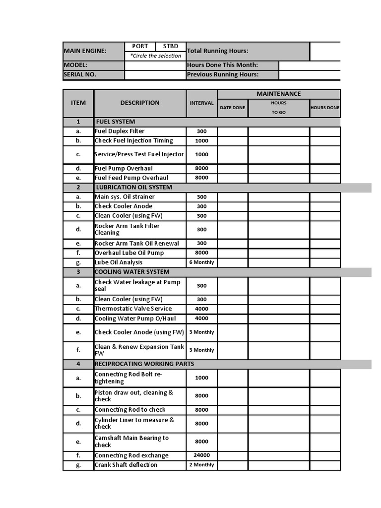 Main Engine: Total Running Hours: Model: Hours Done This Month: Serial ...