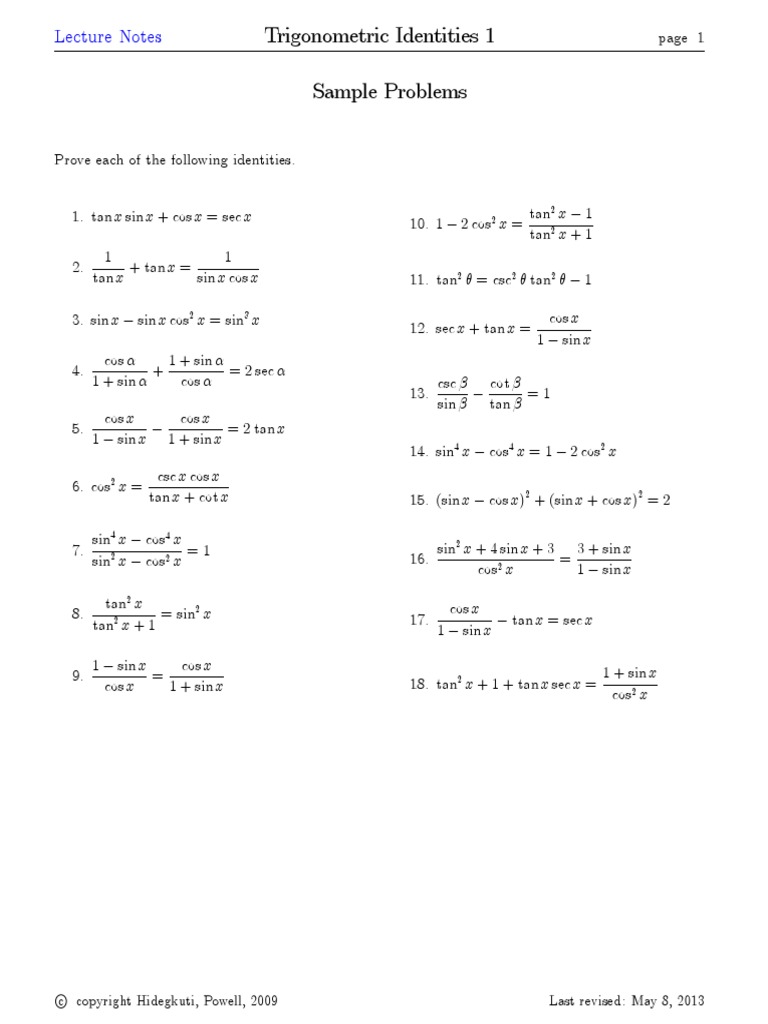 Trigonometric Identities 1 Sample Problems: Lecture Notes | PDF