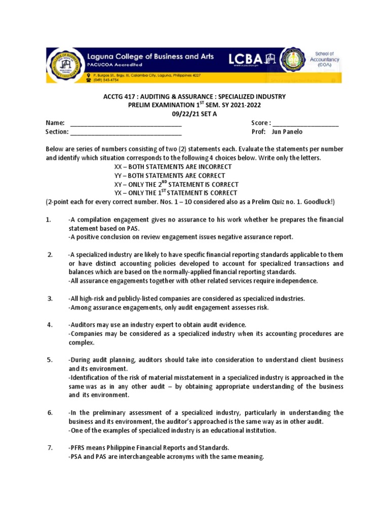 2021 2022 1st Sem Prelim Exam | PDF | Audit | Accounting