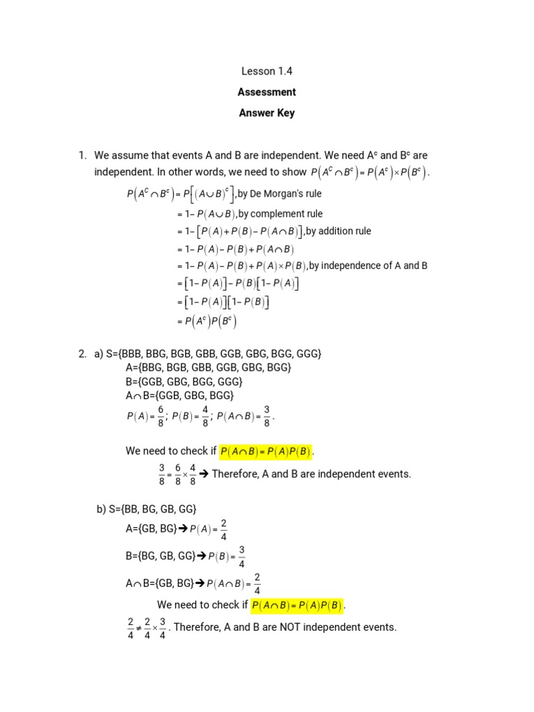 Lesson 1.4 Assessment Answer Key | PDF