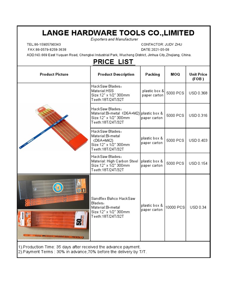 Price List of Hacksaw Blades | PDF | Cutting | Materials