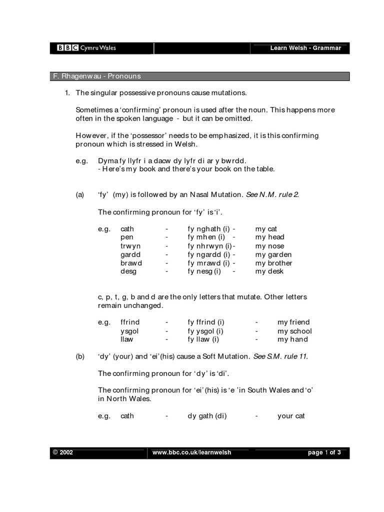 F. Rhagenwau - Pronouns: Learn Welsh - Grammar | PDF | Language ...