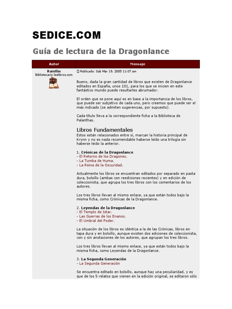 Guía de Lectura de La Dragonlance: Libros Fundamentales | PDF | Dragonlance | Configuración de ...