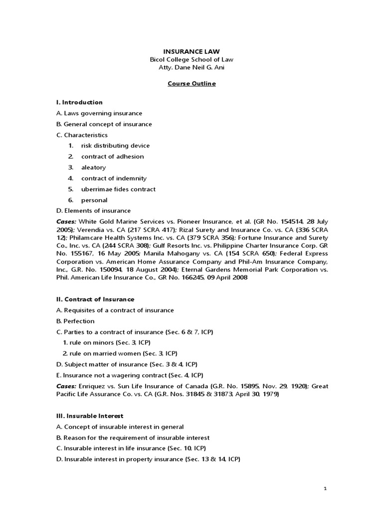 Insurance Law Course Outline PDF | PDF | Insurance | Liability Insurance
