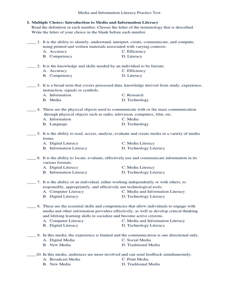 Media and Information Literacy Practice Test | PDF | Literacy ...