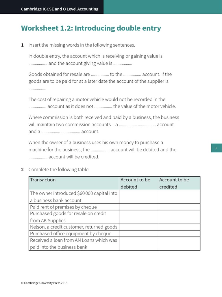 Worksheet 1.2 Introducing Double Entry | PDF | Debits And Credits | Banks