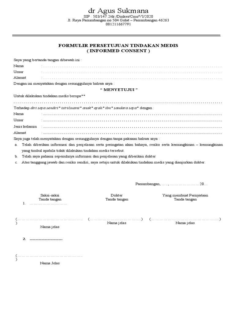 Contoh FORMULIR PERSETUJUAN TINDAKAN MEDIS | PDF