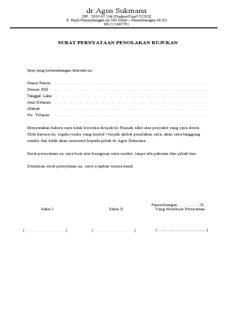 Contoh FORMULIR PENOLAKAN RUJUKAN | PDF