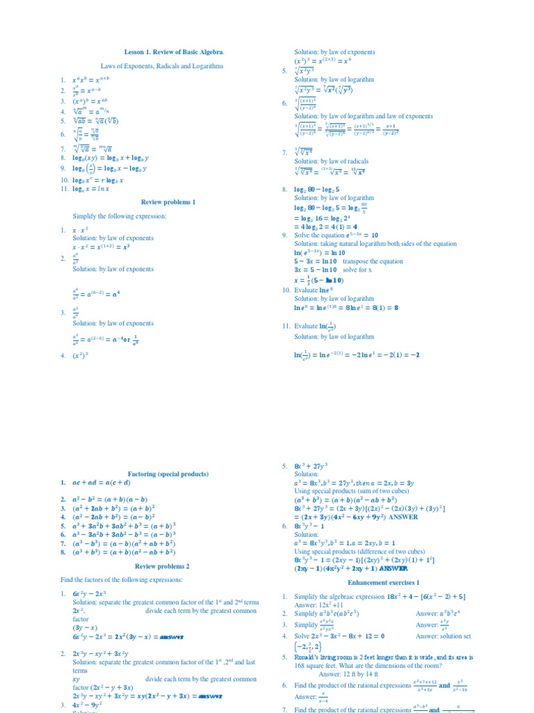 Lesson 1 Review of Basic Algebra | PDF | Logarithm | Quadratic Equation