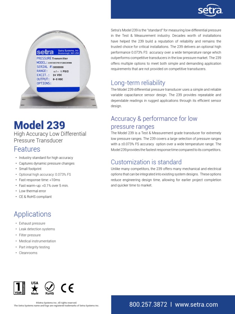 Setra Model 239 Data Sheet | PDF | Pressure Measurement | Measuring ...