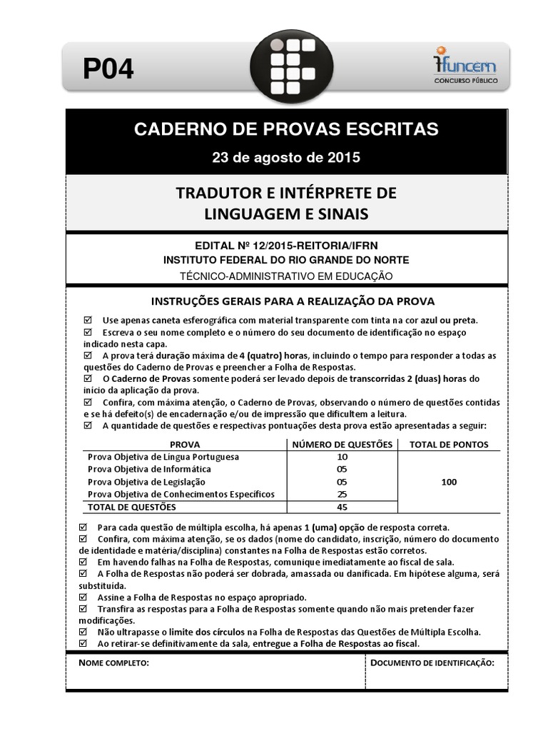 Funcern 2015 If RN Tradutor e Interprete de Linguagem de Sinais Prova ...