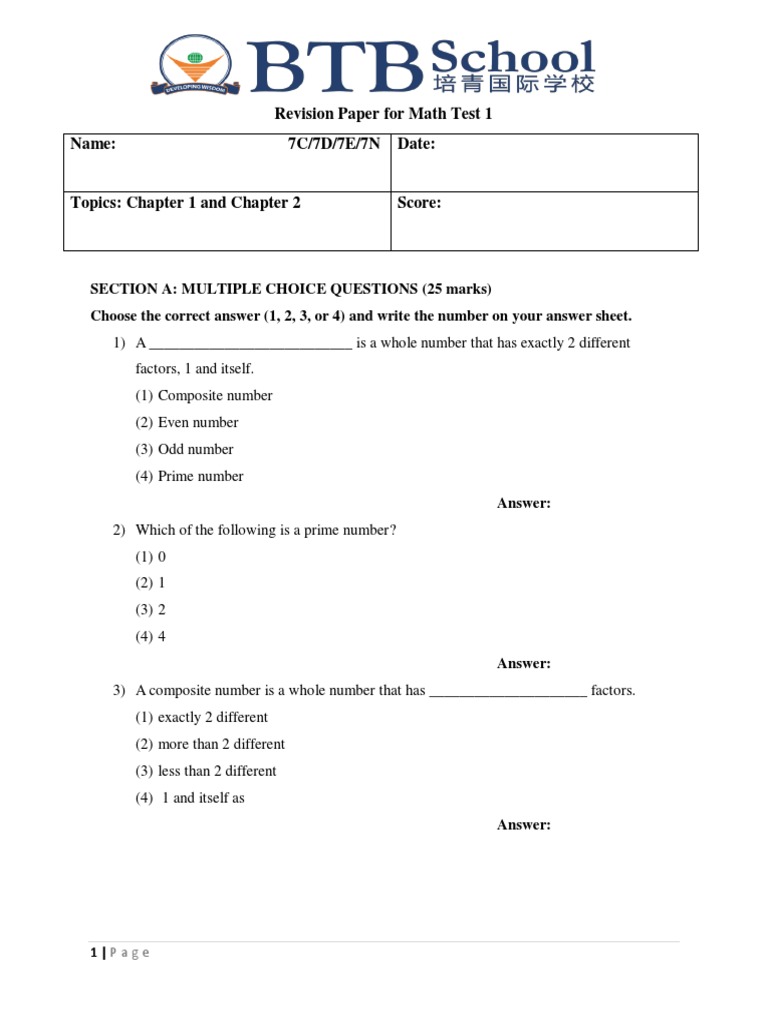 Revision Paper For Math Test 1 Name: 7C/7D/7E/7N Date | PDF | Numbers ...
