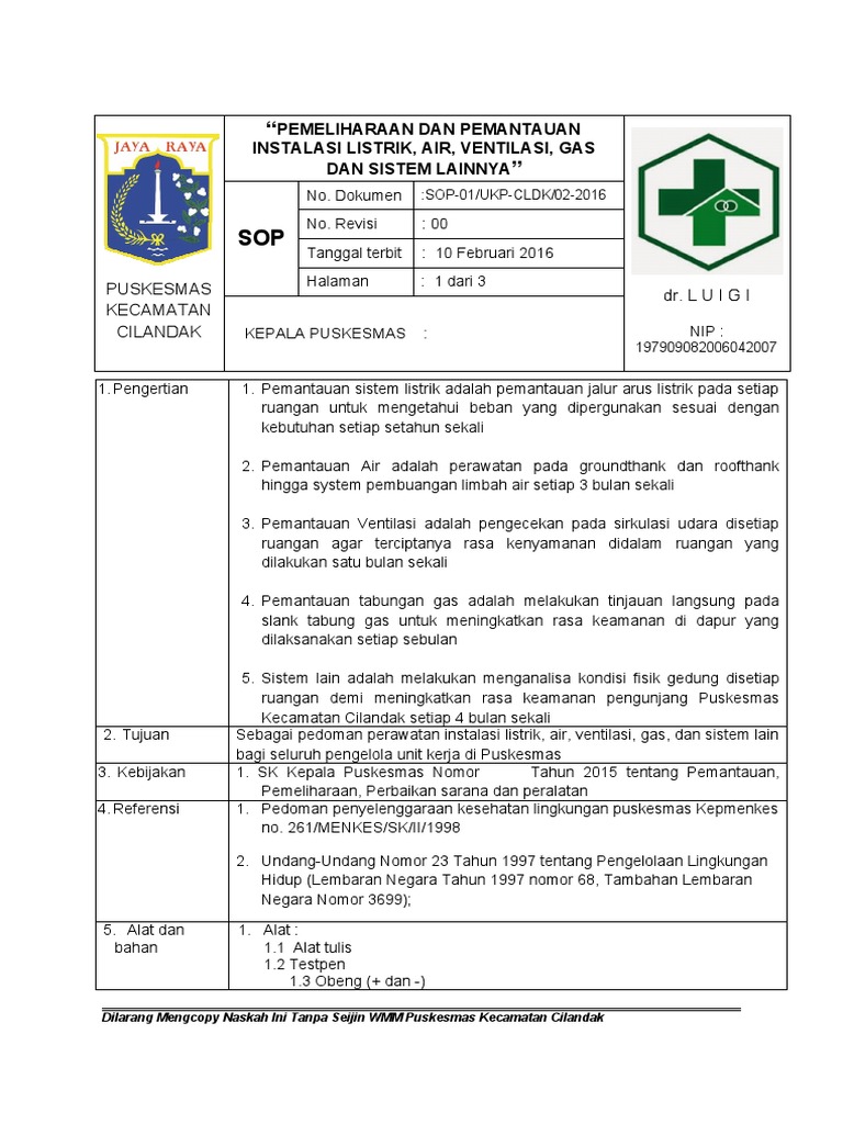 8.5.1 EP 2 SOP Pemeliharaan Dan Pemantauan Instalasi Listrik, Air, Ventilasi, Gas Dan Sistem ...