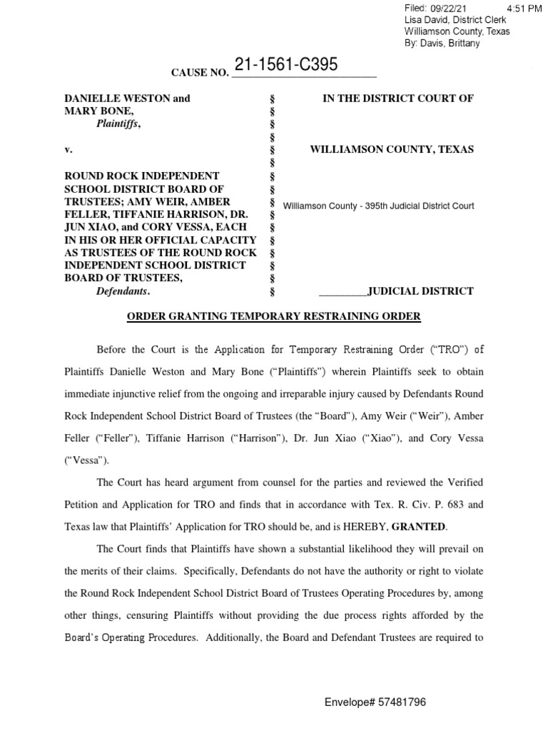 Order Granting Temporary Restraining Order | PDF | Injunction | Legal Remedy