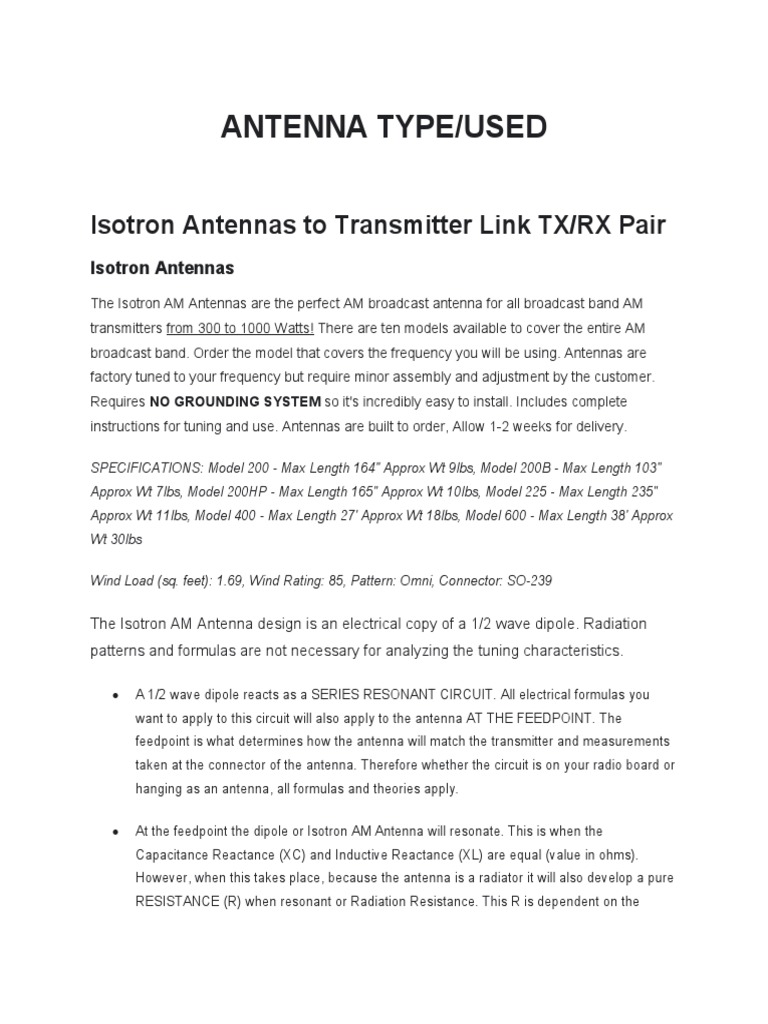 Antenna Type/Used: Isotron Antennas To Transmitter Link TX/RX Pair ...