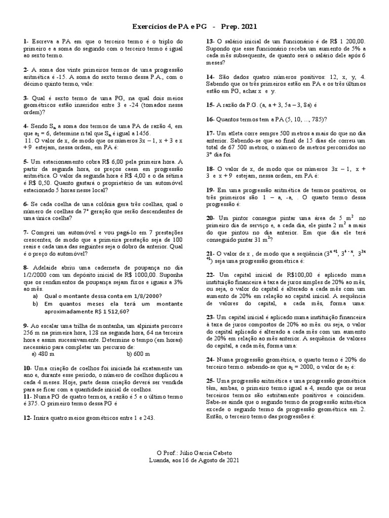 Exercícios de PA e PG 2 | PDF | Juros | Matemática