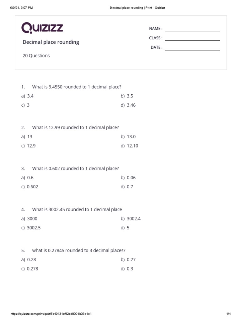 Decimal Place Rounding: Name: Class: Date | PDF | Arithmetic | Mathematics