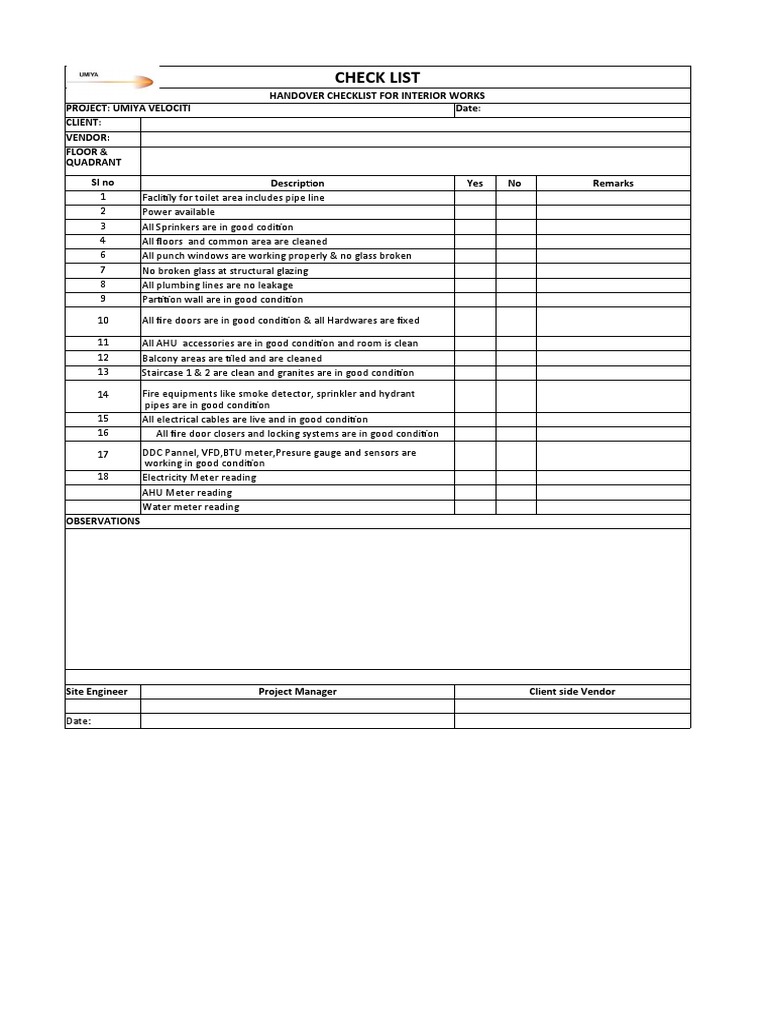 Check List: Handover Checklist For Interior Works Project: Umiya ...