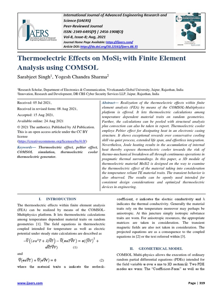 Thermoelectric Effects On MoSi2 With Finite Element Analysis Using COMSOL | PDF | Partial ...
