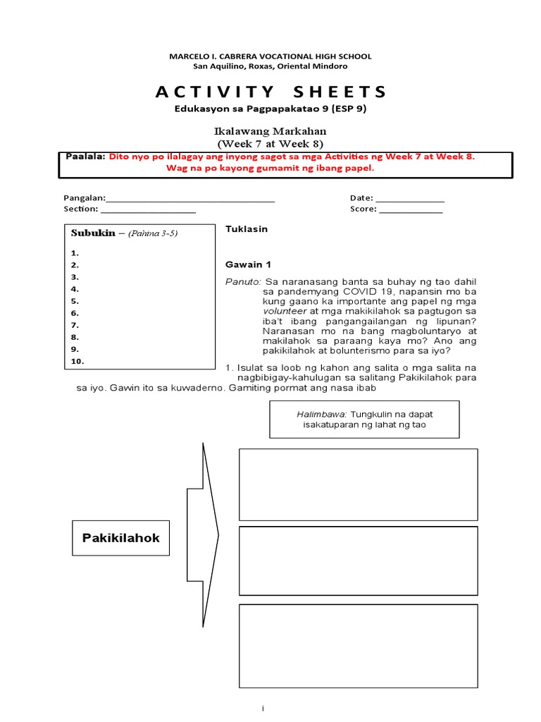Answer Sheets For ESP 9 - Q2 (Week 7 and 8) | PDF