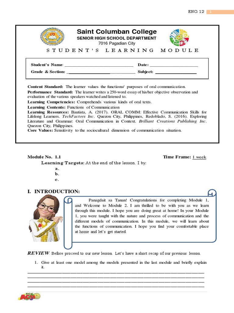 Saint Columban College: Student'S Learning Module | PDF | Communication ...