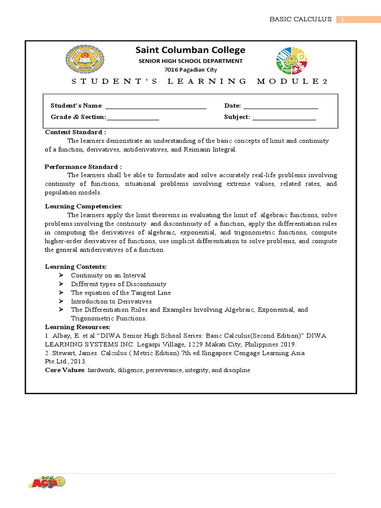 Saint Columban College: Student'Slearningmodule2 | PDF | Derivative ...