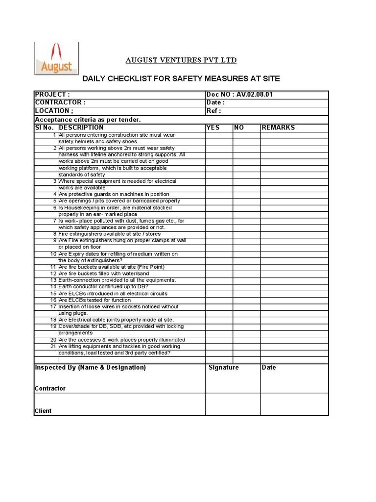 Daily Safety Checklist for Construction | PDF