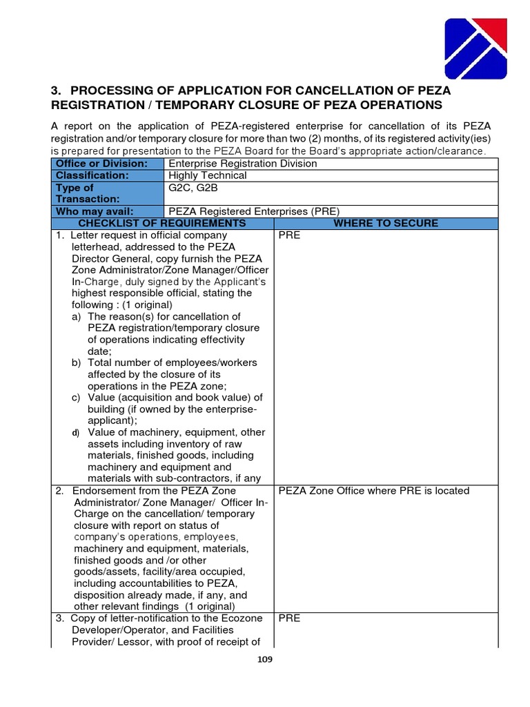 Processing Requirements for the Cancellation of PEZA Registration or ...