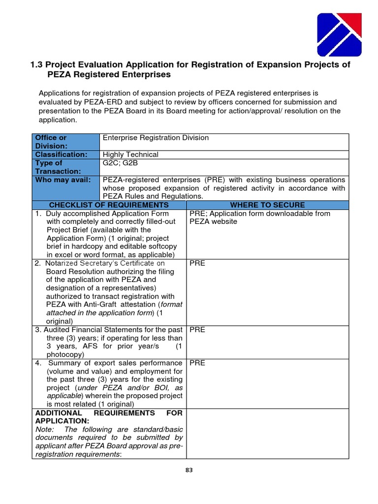 1.3 Project Evaluation Application For Registration of Expansion Projects of PEZA Registered ...