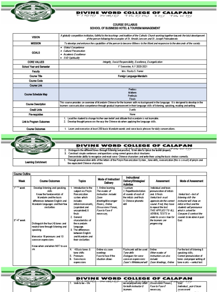 Course Syllabus for Mandarin Chinese | PDF | Standard Chinese | Chinese ...