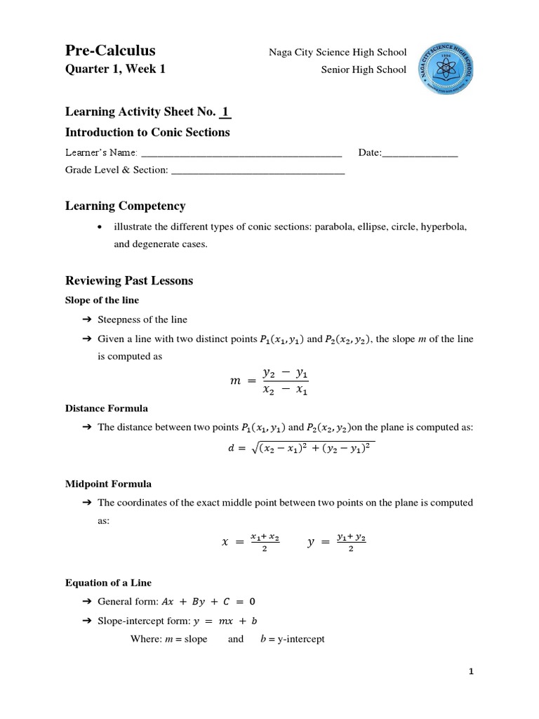 Pre-Calculus LAS 1 - Introduction To Conic Sections | PDF | Ellipse ...
