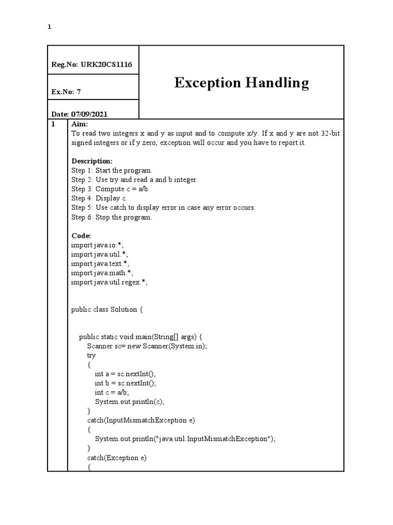 Exception Handling: Reg - No: URK20CS1116 | PDF | Programming | Constructor (Object Oriented ...